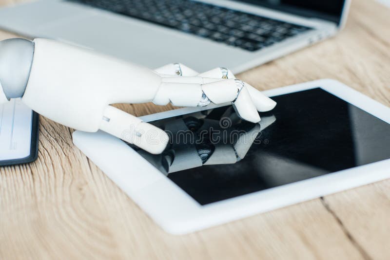 Robot Using Tablet Isolate on White Background Stock Image - Image of ...