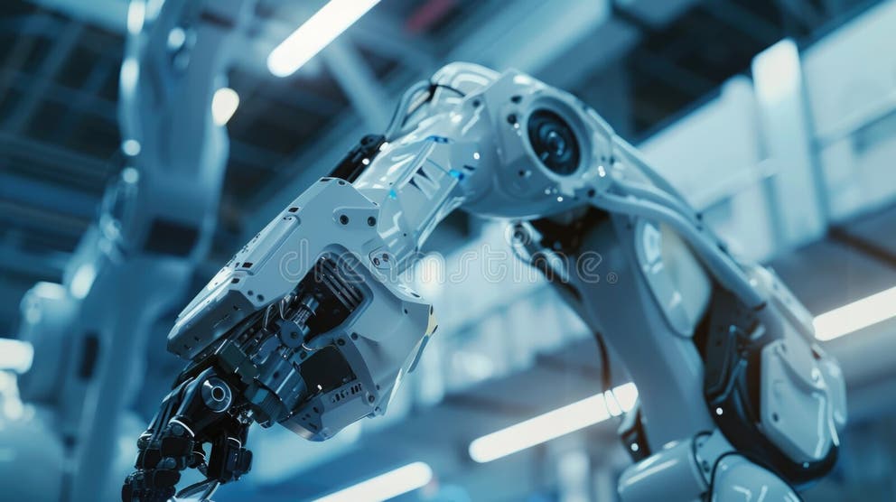 A Close-up View of a Robotic Arm in a Modern Factory Setting Stock ...