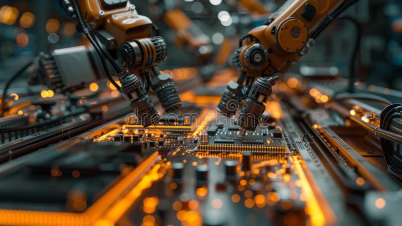 Close-up View of Robotic Arms Engaged in Precision Work on a Circuit ...