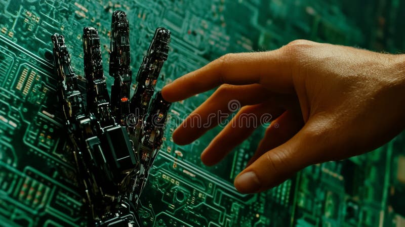 In a Close-up View, a Robotic Finger Extends To Touch a Human Finger ...