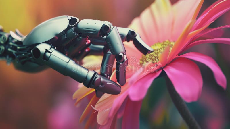 Robotic Hand Touching Vibrant Pink Flower Stock Photo - Image of ...