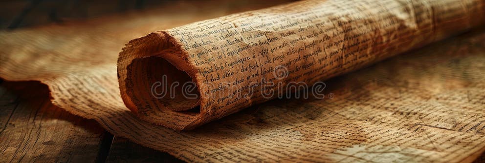 Close-Up View of a Rolled Papyrus Document with Handwritten Text Stock ...