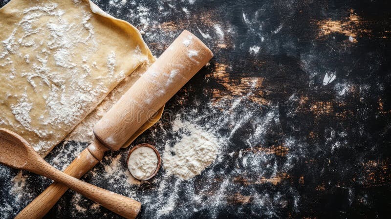 A Close-up View of a Rolling Pin Resting on Dough on a Wooden Table ...