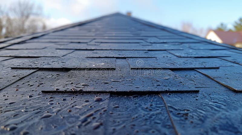 Close-up View of a Rooftop with Wet Shingles on a Rainy Day. Stock ...