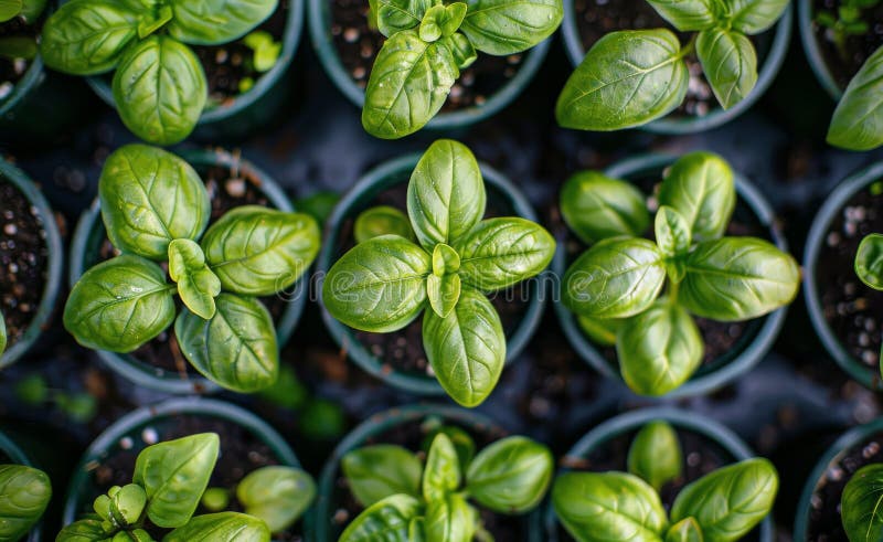 Close Up View of Rows of Young Basil Plants in Small Pots Stock Image ...