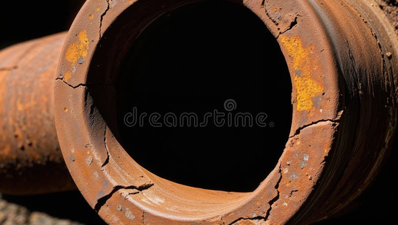Rusted Pipe with Cracks and Texture Against Dark Background Highlights ...