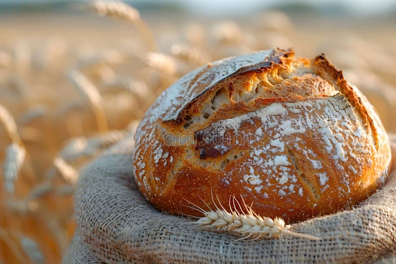 Rustic Artisan Bread Loaf on Burlap with Wheat Field Background ...