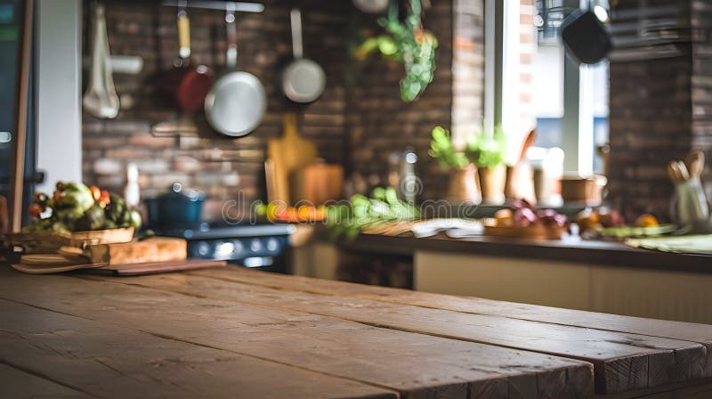 Rustic Wooden Kitchen Tabletop with Blurred Background for Product ...