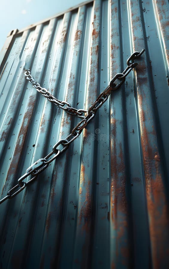 A Close-up View of a Rusty Shipping Container with Chains, Symbolizing ...