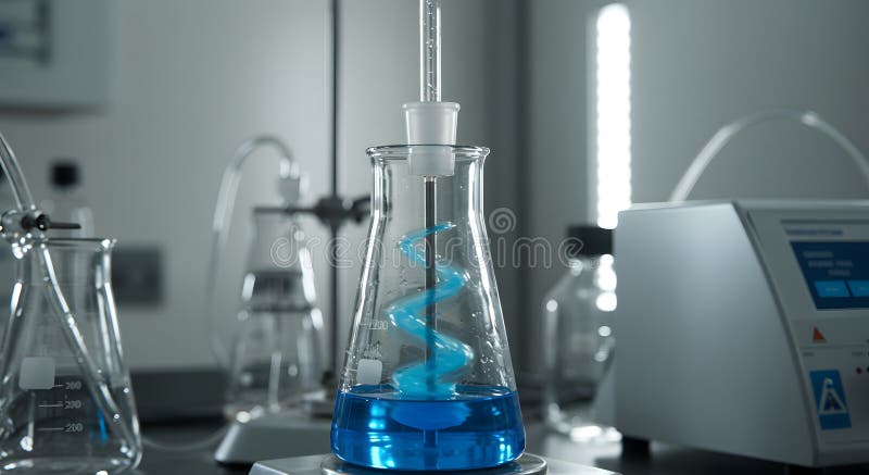 Scientific Experiment in a Modern Laboratory: Blue Liquid in Erlenmeyer ...