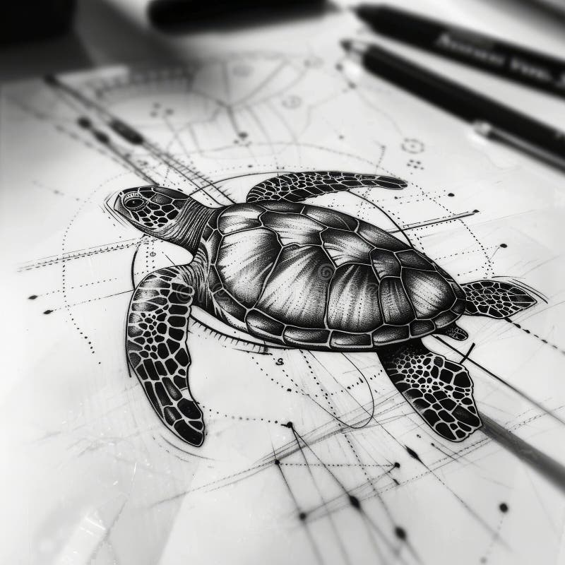 Close Up View of a Sea Turtle on an Architectural Plan, Black and White ...