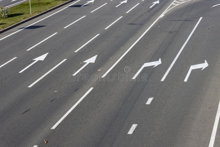 Close-up View of a Section of a Multi-lane Freeway and Its Exit. Road ...