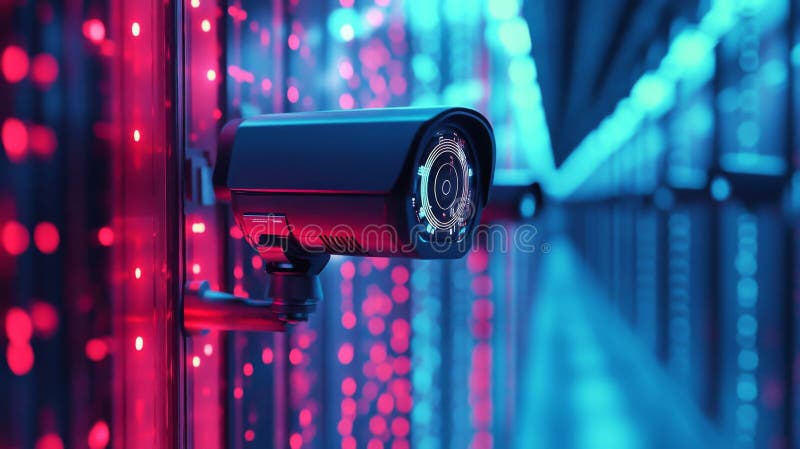 Close-up View of a Security Camera in a Data Center with Red and Blue ...