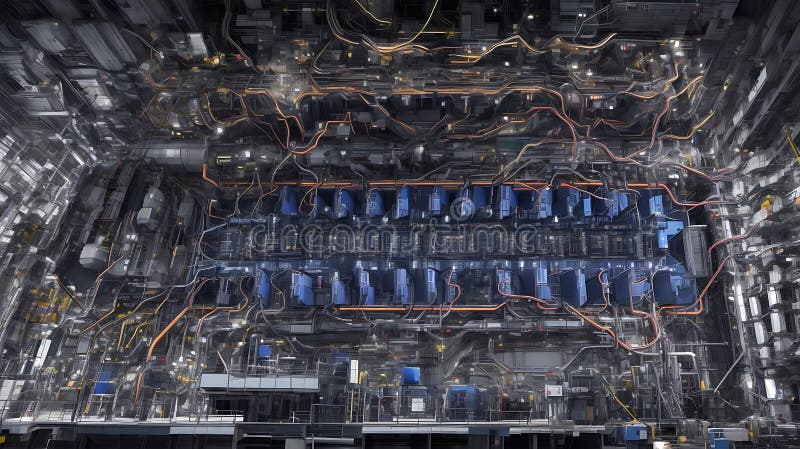 Close Up View of a Server Rack with Complex Wiring and Glowing Lights ...