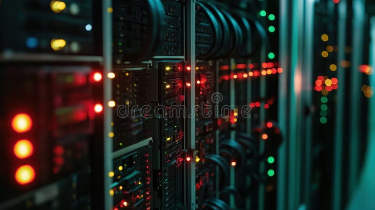 A Close-up View of a Server Rack with Illuminated Indicators Showing ...