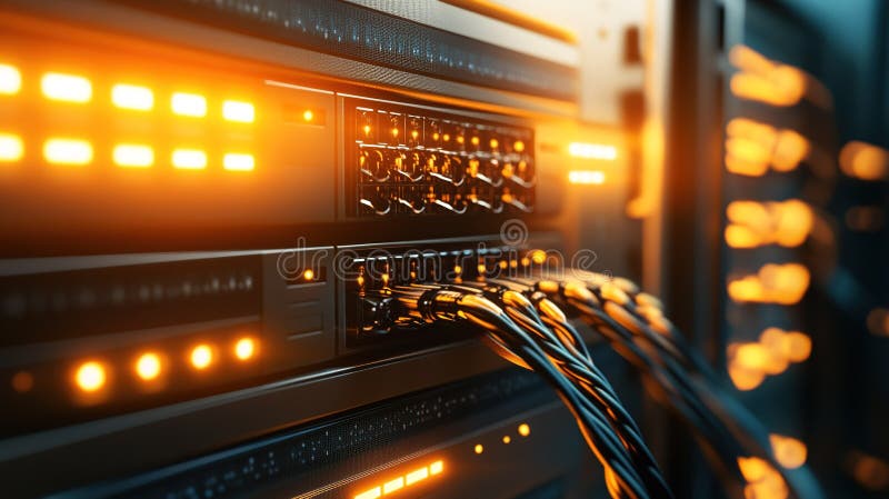 Close-up View of a Server Rack with Illuminated Network Connections and ...