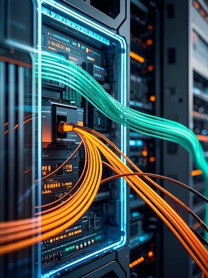 High-Tech Server Rack with Vivid Cables and Neon Lighting Stock ...