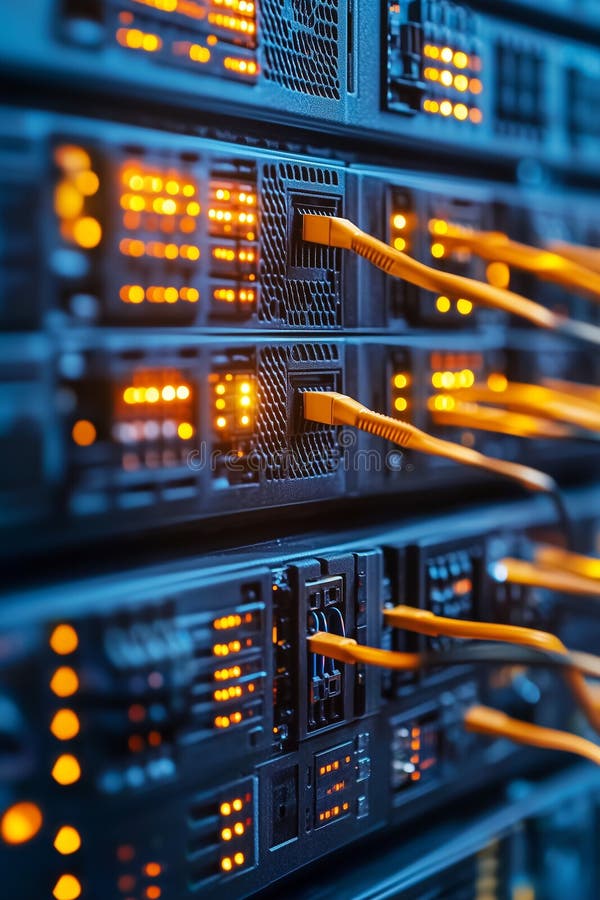 Close Up View of Server Racks with Connected Cables and Blinking Lights Stock Image - Image of ...