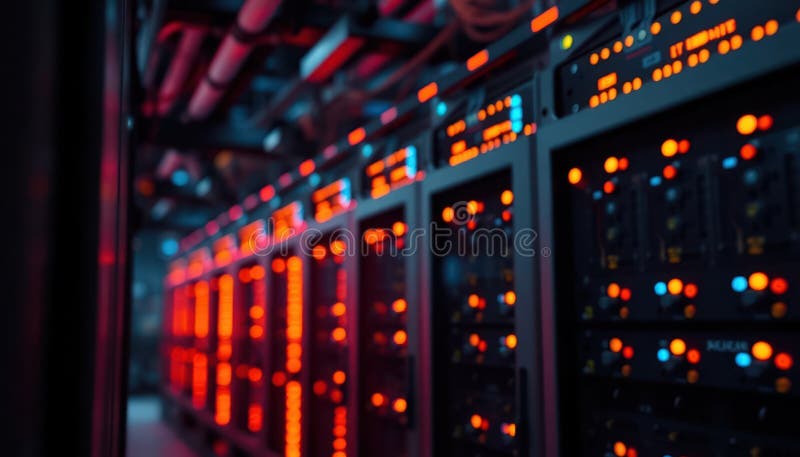 Close-up View of Server Racks in Data Center. Orange, Blue Lights ...