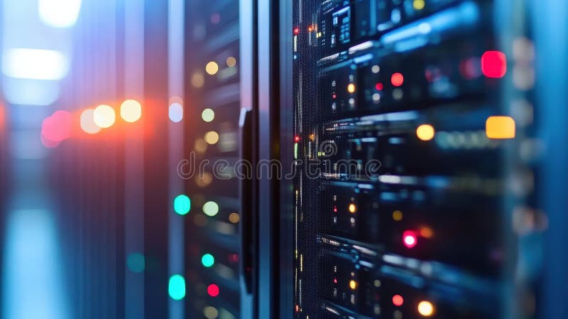A Close-up View of Server Racks in a Data Center, Showcasing Lights and ...
