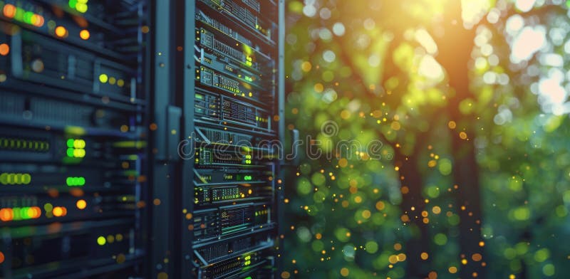 Close Up View of Server Racks with Green Lights Stock Photo - Image of ...