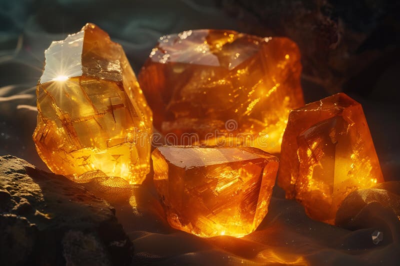 Glowing Raw Amber Crystals Illuminated by Warm Sunlight on Dark ...