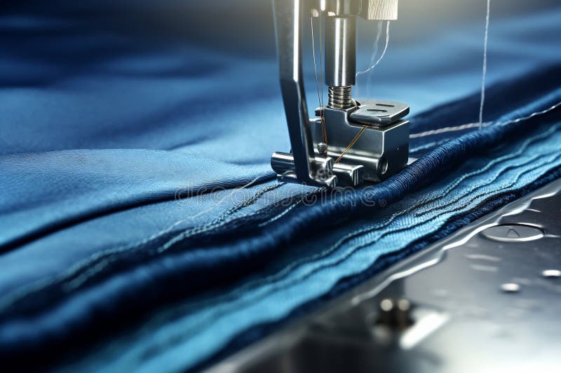 Close-up View of a Sewing Machine Needle Stitching Blue Fabric Stock ...