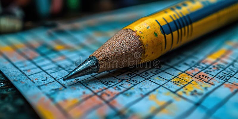 Close-up View of a Sharpened Pencil Resting on a Colorful, Marked Grid ...