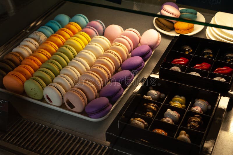 Close Up View of Showcase Cafe with Sweets and Cake. Macarons and ...