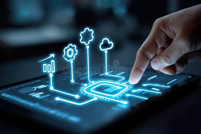 Finger Taps Neon Tech Interface on Tablet Device with Glowing Data ...