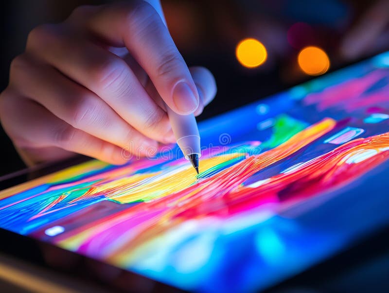 Hands Using a Stylus on a Digital Tablet, Vibrant Colors, Digital Art ...