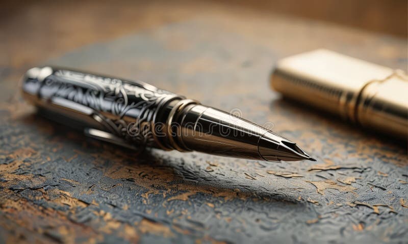 Close-up View Silver Pen with Pointed Nib and Engraved Design, Resting ...