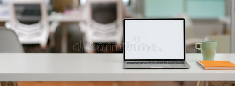 Close Up View of Simple Office Desk with Blank Screen Laptop and Copy ...