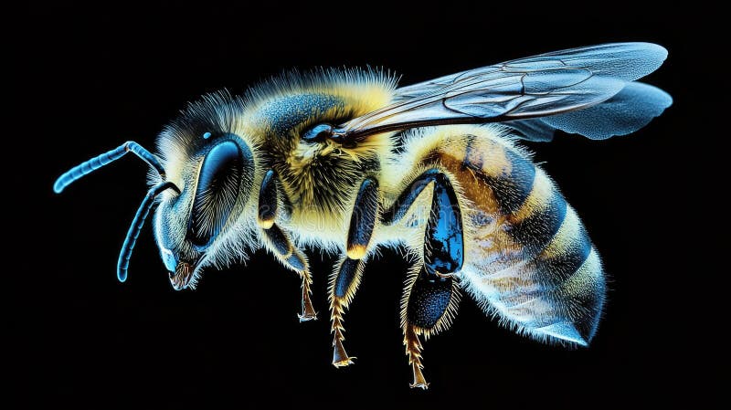 A Close-up View of a Single Bee Sitting on a Black Surface, Focusing ...