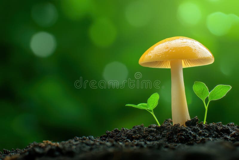 Close-up View of a Single Mushroom Emerging from the Rich Dark Soil in ...