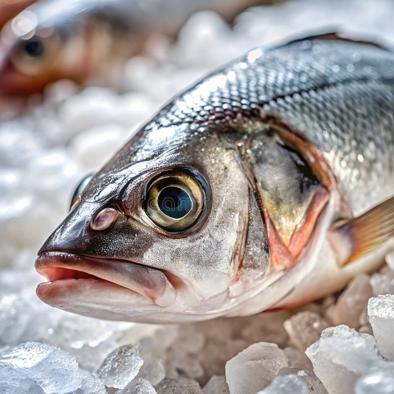 A Close-up View of a Single Piece of Fresh Fish Lying on a Bed of Ice ...
