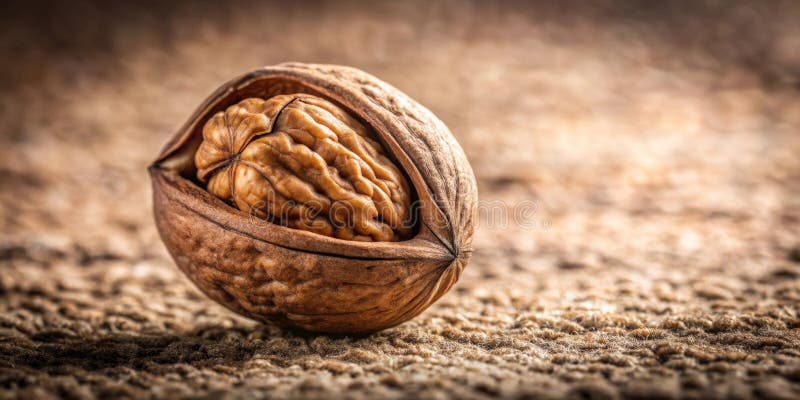 A Close-up View of a Single Walnut Shell Partially Open, Revealing the ...