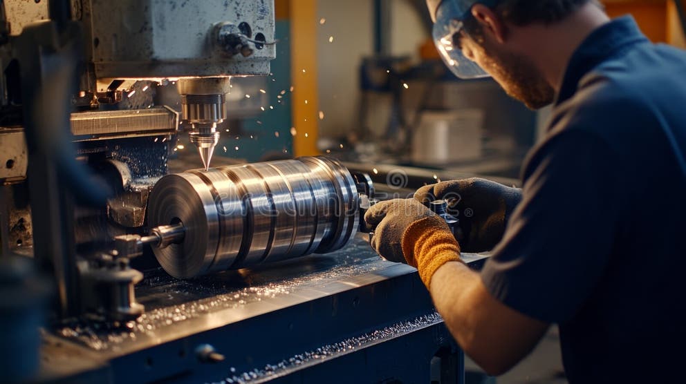 Close-Up View of a Skilled Worker Operating a Precision CNC Machine in a Modern Workshop ...