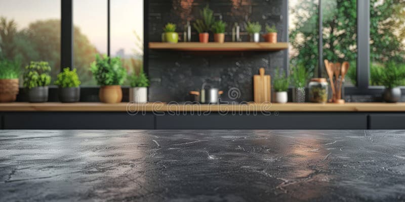 A Close-up View of a Sleek Black Countertop in a Modern Kitchen Stock ...