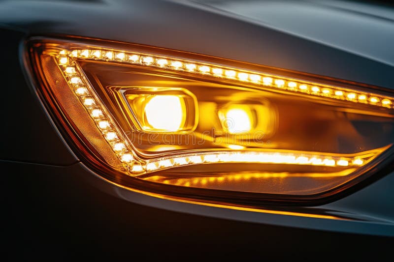 Car Headlight with Amber Lights and Modern Design Illuminating Dark ...