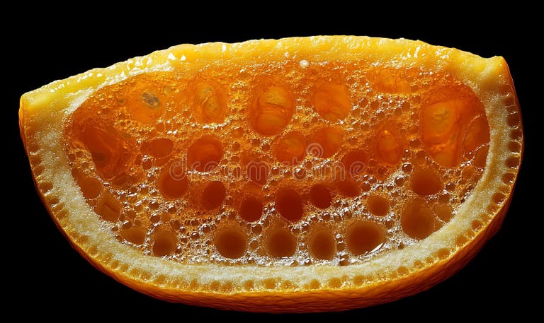 Close-up View of a Sliced Orange Segment with Visible Pulp and Bubbles ...