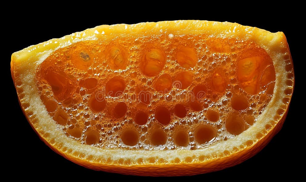 Close-up View of a Sliced Orange Segment with Visible Pulp and Bubbles ...