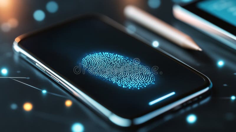 Close-up View of a Smartphone Displaying a Blue Fingerprint ...