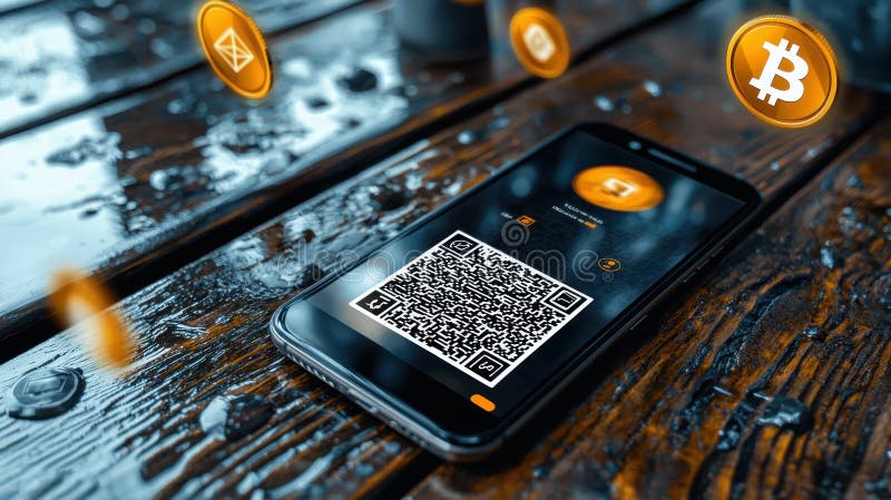 Smartphone Displaying Bitcoin QR Code on Wooden Table Surface Stock ...