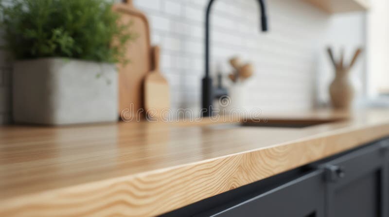 Close-Up View of a Smooth Light Wood Countertop with Clean Lines and ...