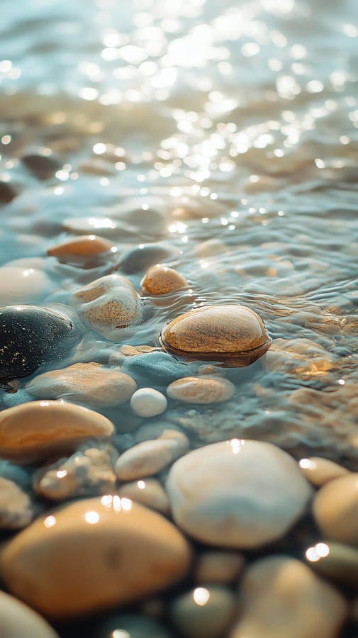 Close-up View of Smooth Pebbles Submerged in Clear Water Under ...