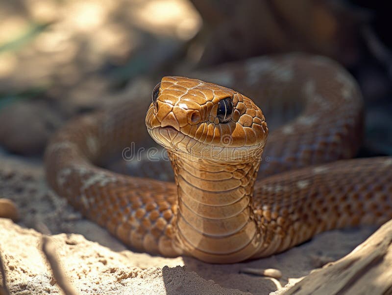 A Close-up View of a Snake on the Ground, Its Body Curled and Alert ...