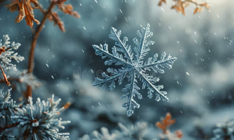 Close-up View Snowflake in the Midst Gentle Snowfall, with Blurred ...