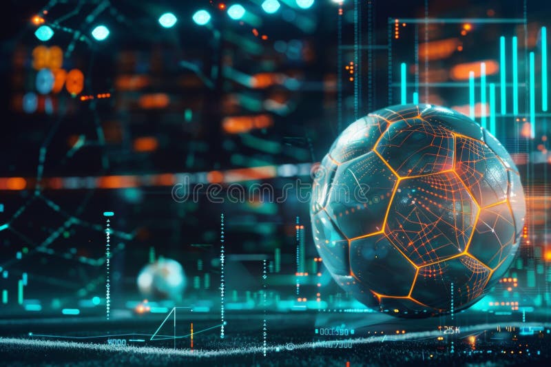 Close-up View of a Soccer Ball with Glowing Analytics Data Graphics on ...
