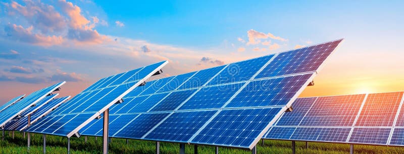 A Close-up View of Solar Cells on a Panel at Sunset, Showcasing ...